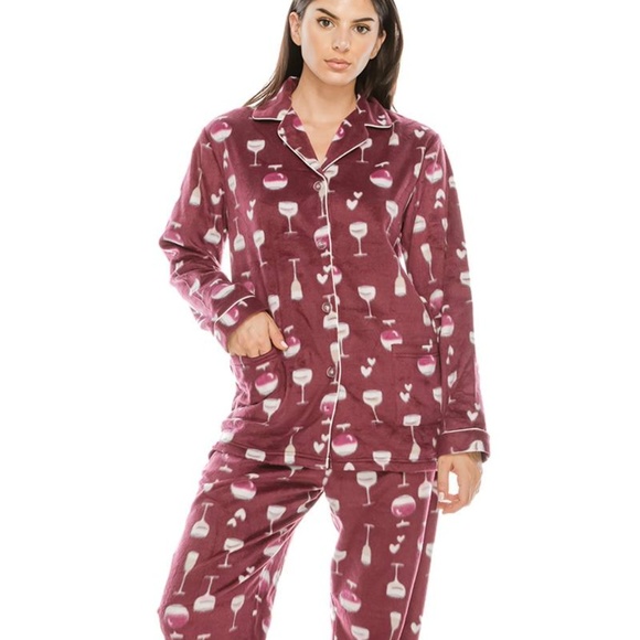 Intimates & Sleepwear | 2 Piece Wine Pattern Fleece Pajama Set | Poshmark